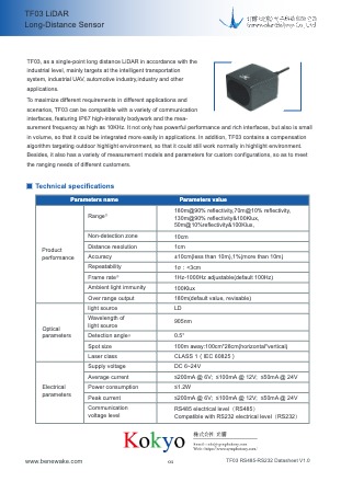 TF03 LiDAR データシート 製品カタログ 光響 | イプロスものづくり