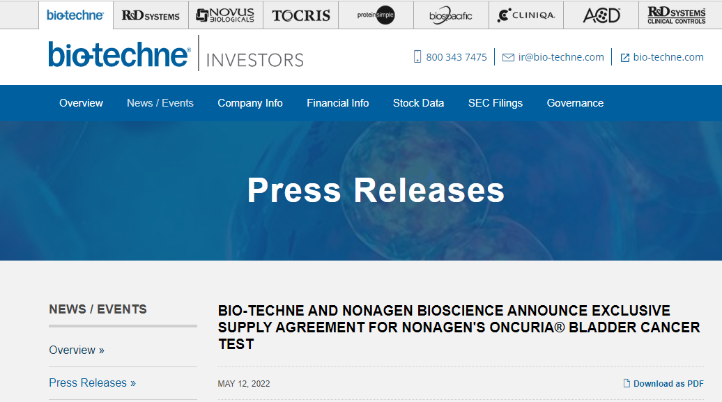 Oncuria膀胱がん検査（NonagenBioscience社）の独占供給契約の発表：Bio-Techne社 | プロテインシンプルジャパン ...